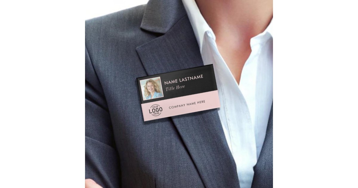 Photo ID Logo Black Blush Pink Magnetic Large Name Tag | Zazzle