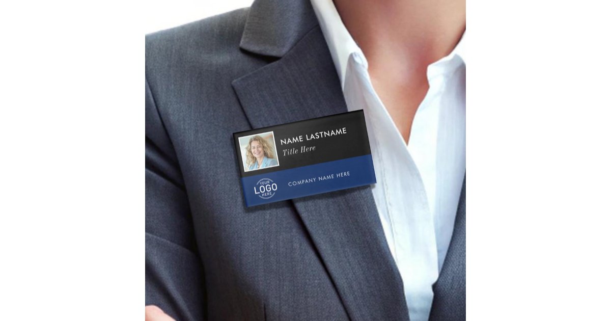 Photo ID Logo Navy Blue White Magnetic Large Name Tag | Zazzle