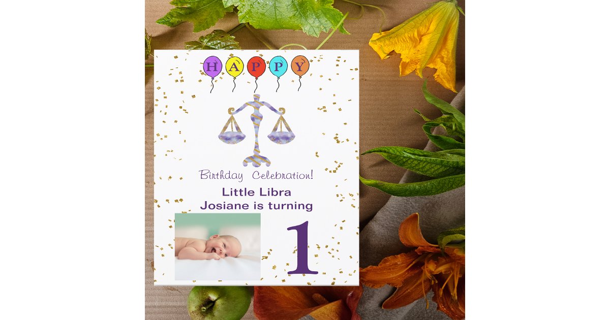 Photo & Libra Birthday with Gold & Balloons Invitation | Zazzle