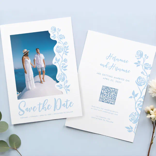 Photo Light Blue Hand Drawn Roses QR Code Website Save The Date | Zazzle