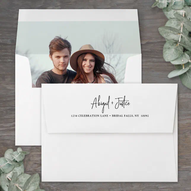 Photo Lined Modern Script Return Address Wedding Envelope | Zazzle