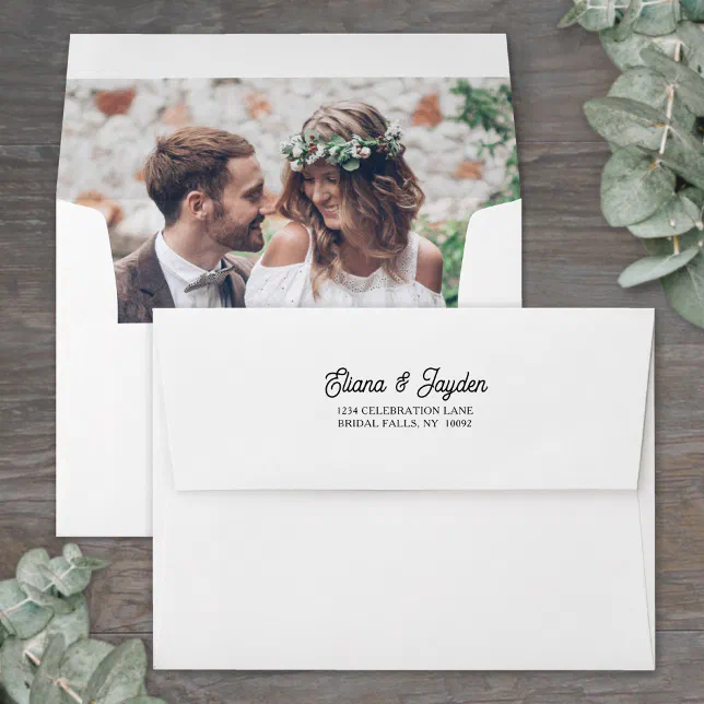 Photo Lined Retro Script Return Address Wedding Envelope | Zazzle