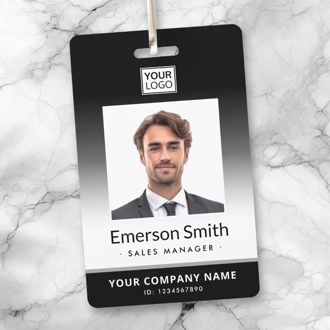 Photo logo black gradient modern employee id badge | Zazzle