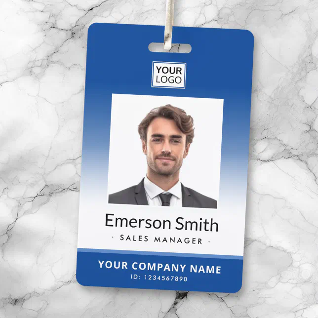 Photo logo blue gradient modern employee id badge | Zazzle