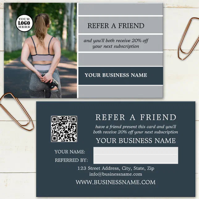 Photo Logo QR Code Grey Striped Referral Card | Zazzle