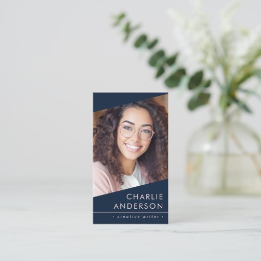 Photo logo QR code modern dark blue professional Business Card | Zazzle