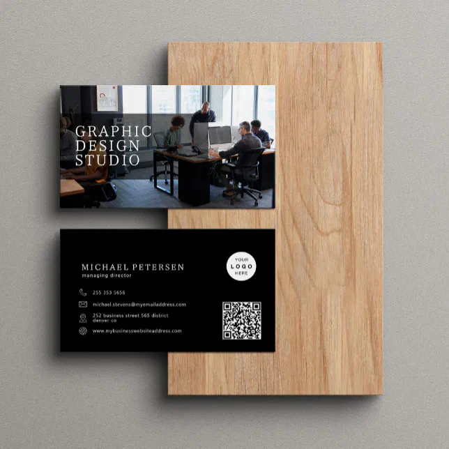 Photo logo QR code modern professional black Business Card | Zazzle