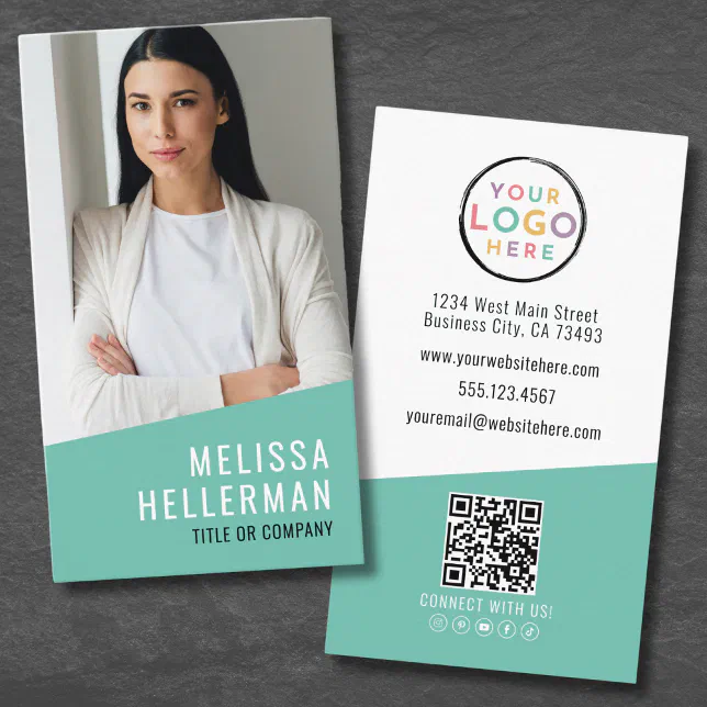 Photo Logo QR Code Modern Professional Vertical Business Card | Zazzle