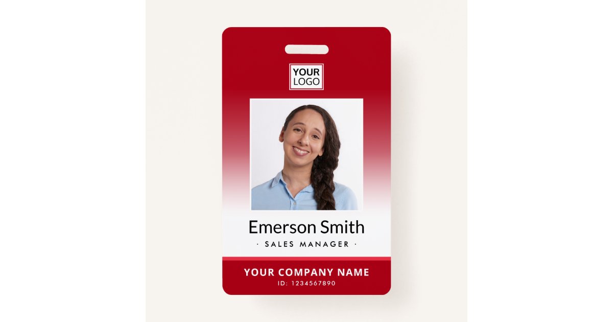 Photo logo red gradient modern employee id badge | Zazzle
