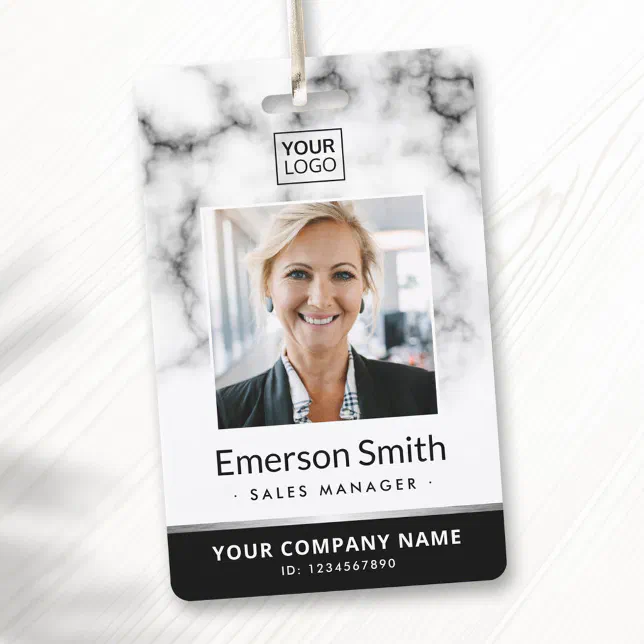 Photo logo white marble black modern employee badge | Zazzle