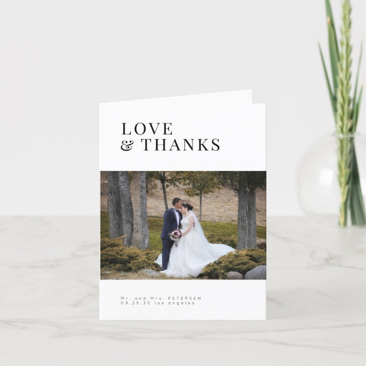 Photo love and thanks modern minimalist wedding thank you card | Zazzle