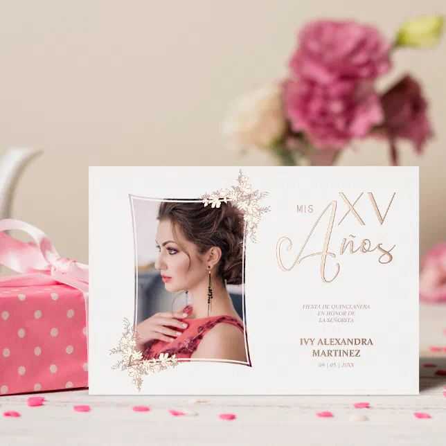 Photo Luxury Real Rose Gold Modern Botanical Frame Foil Invitation | Zazzle