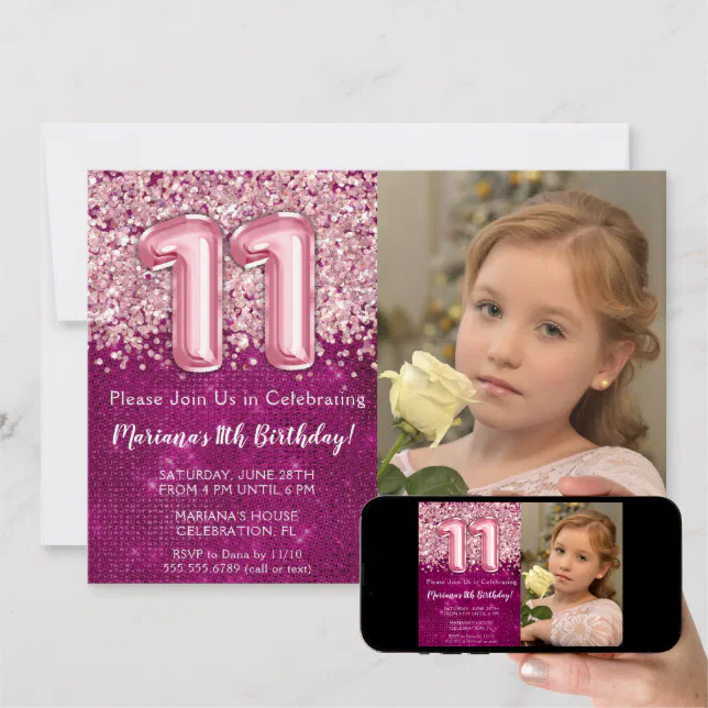 Photo Magenta Pink Glitter 11th Birthday Invitation | Zazzle