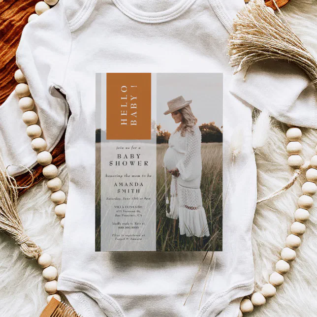 Photo Minimalist Boho Neutral Hello Baby Shower Invitation | Zazzle