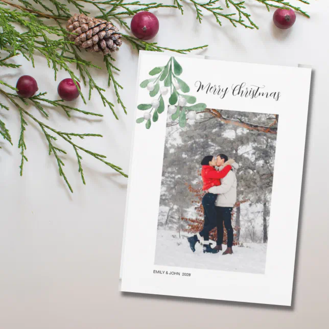Photo Mistletoe Merry Christmas Holiday Card | Zazzle