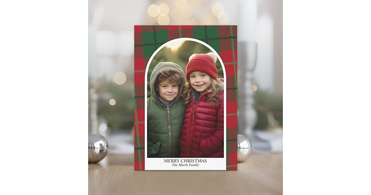 Photo modern arch Merry Christmas red green plaid Holiday Card | Zazzle
