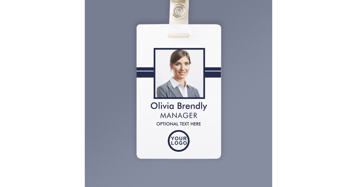 Photo Name Employee ID Badge | Navy White | Zazzle