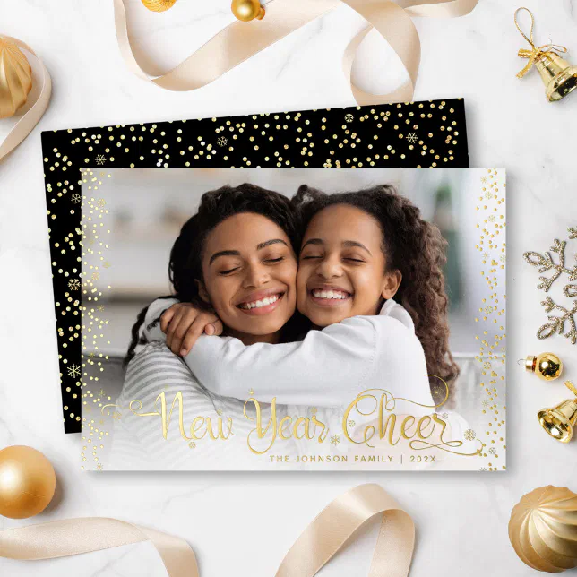 Photo New Year Cheer Script Modern Black Real Gold Foil Holiday Card ...