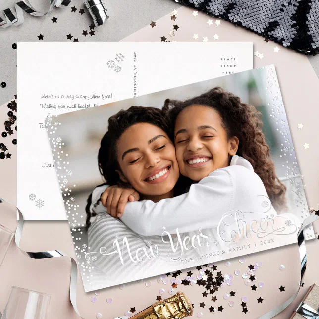 Photo New Year Cheer Script Modern Real Silver Foil Holiday Postcard ...