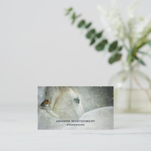 Photo of a White Horse and Bird in Winter Business Card | Zazzle
