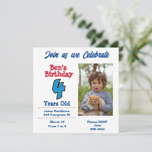 Photo on Four Year Old Boy Party Invitation | Zazzle