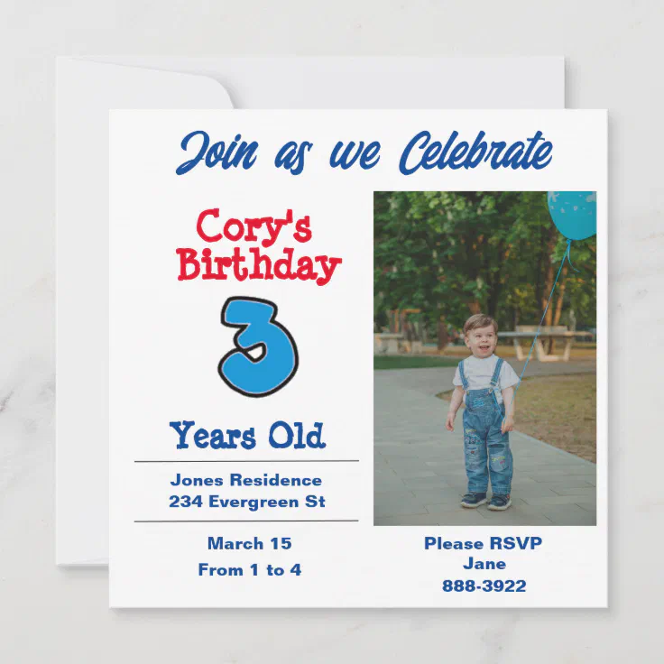 Photo on Three Year Old Boy Party Invitation | Zazzle