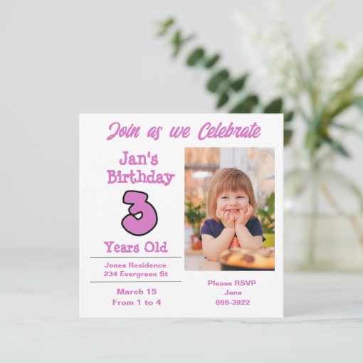 Photo on Three Year Old Girl Party Invitation | Zazzle
