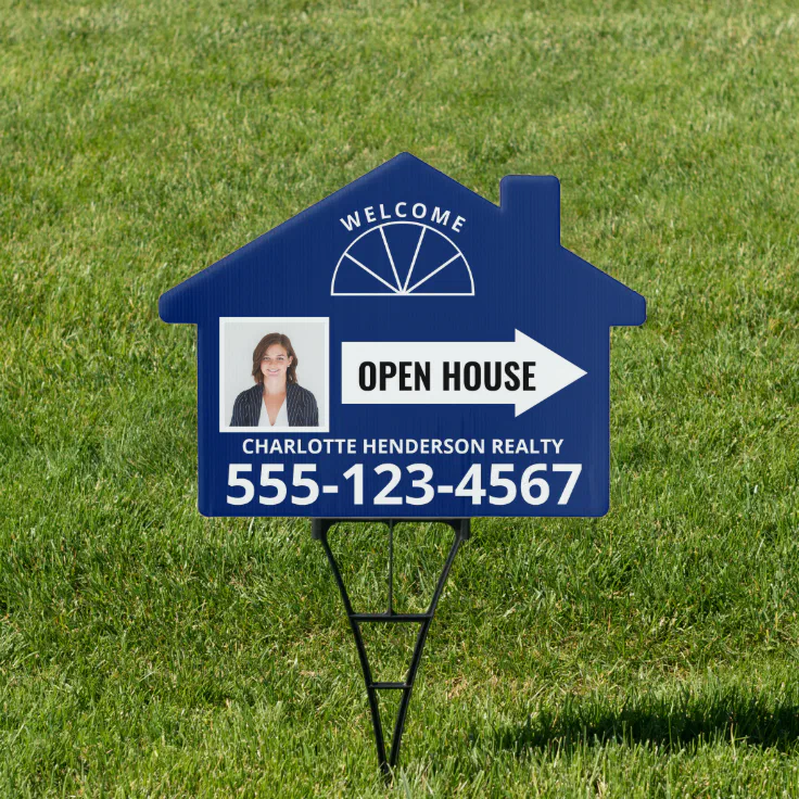 Photo Open House Real Estate Arrow Blue Welcome Sign | Zazzle