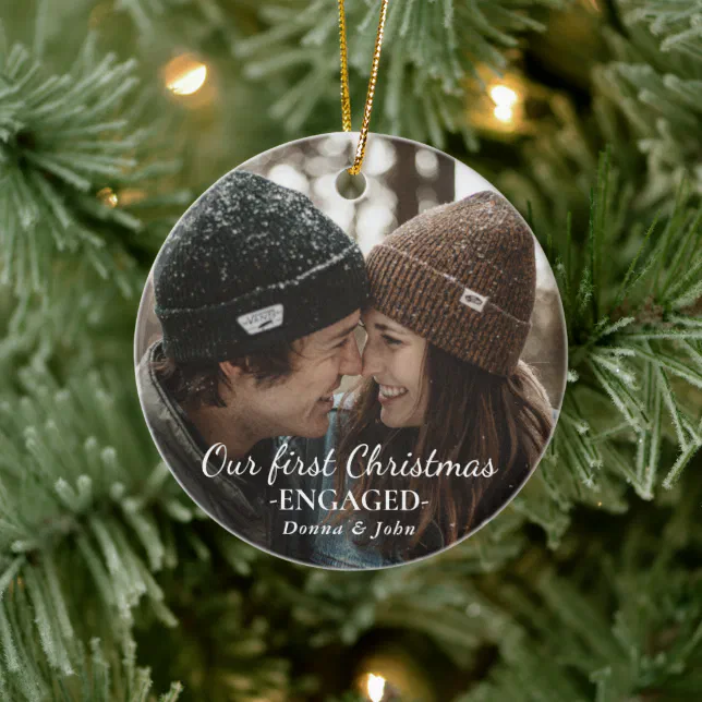 Photo Our First Christmas Engaged Whimsical Script Ceramic Ornament ...