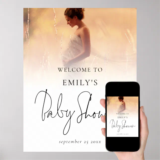 Photo Overlay Modern Script Welcome Baby Shower Poster | Zazzle