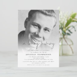 Photo Overlay Script In Loving Memory Funeral Invitation | Zazzle