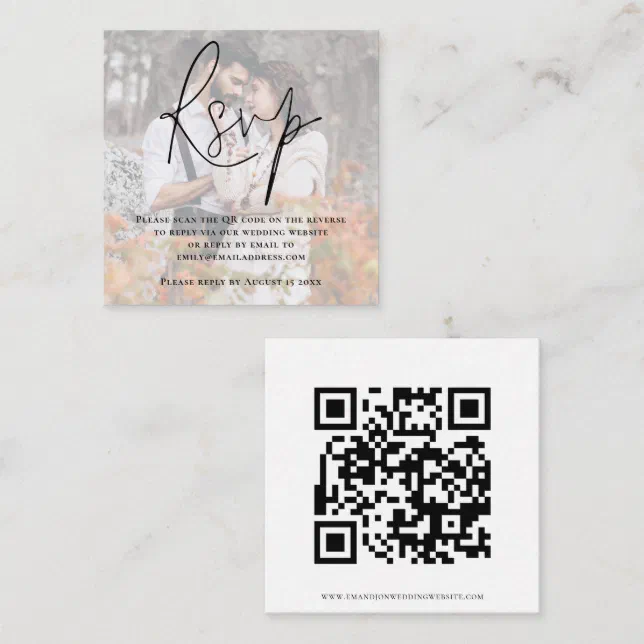 Photo Overlay Script QR Code Wedding RSVP Enclosure Card | Zazzle