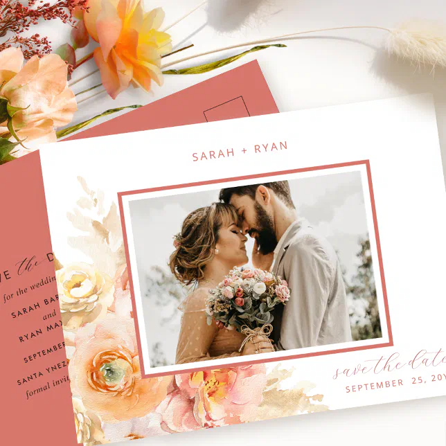 Photo Peach Blush Rust Wedding Save the Date Announcement Postcard | Zazzle