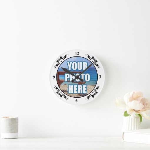 Photo Personalized Fancy Frame Round Clock | Zazzle