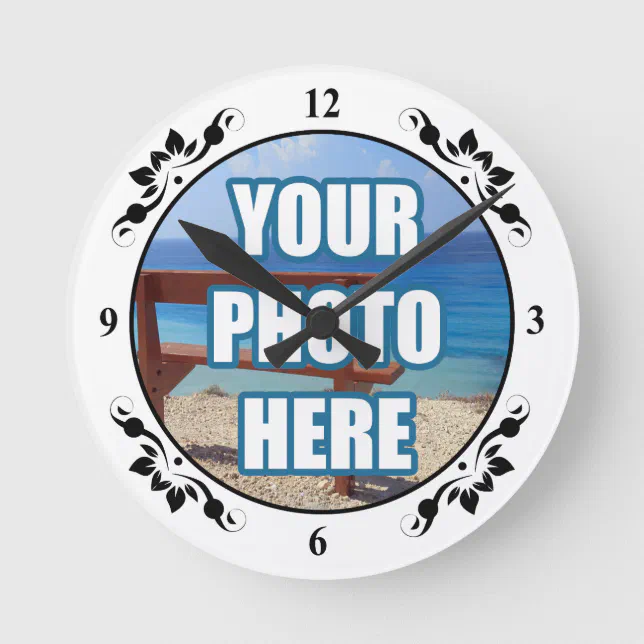 Photo Personalized Fancy Frame Round Clock | Zazzle