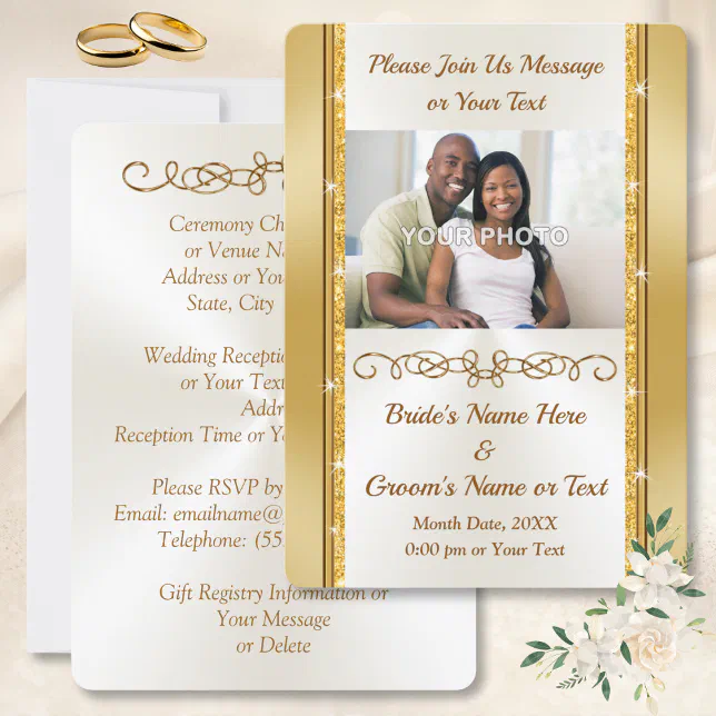 Photo Personalized Gold Border Wedding Invitations | Zazzle