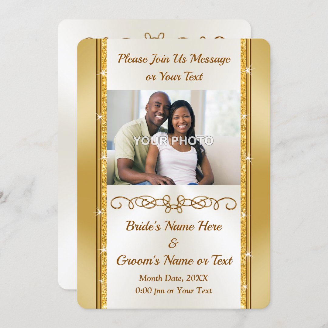 Photo Personalized Gold Border Wedding Invitations | Zazzle