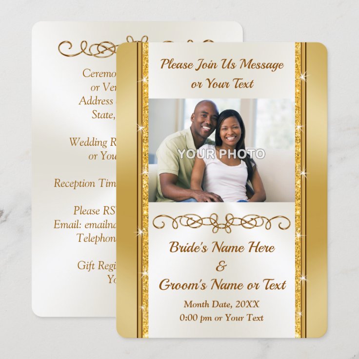 Photo Personalized Gold Border Wedding Invitations | Zazzle