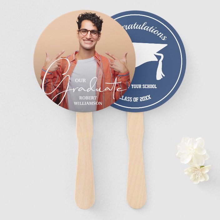 Photo Personalized Graduate Script Blue Hand Fan | Zazzle