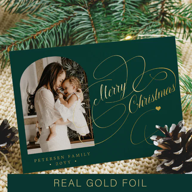 Photo personalized Merry Christmas script gold Foil Holiday Card | Zazzle