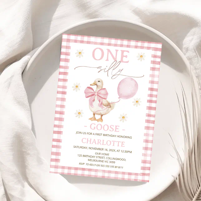 Photo Pink Bow One Silly Goose 1st Birthday Invitation | Zazzle