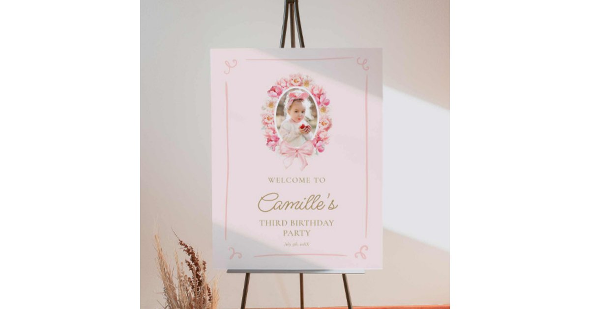 Photo Pink Floral Birthday Elegant Welcome Sign | Zazzle