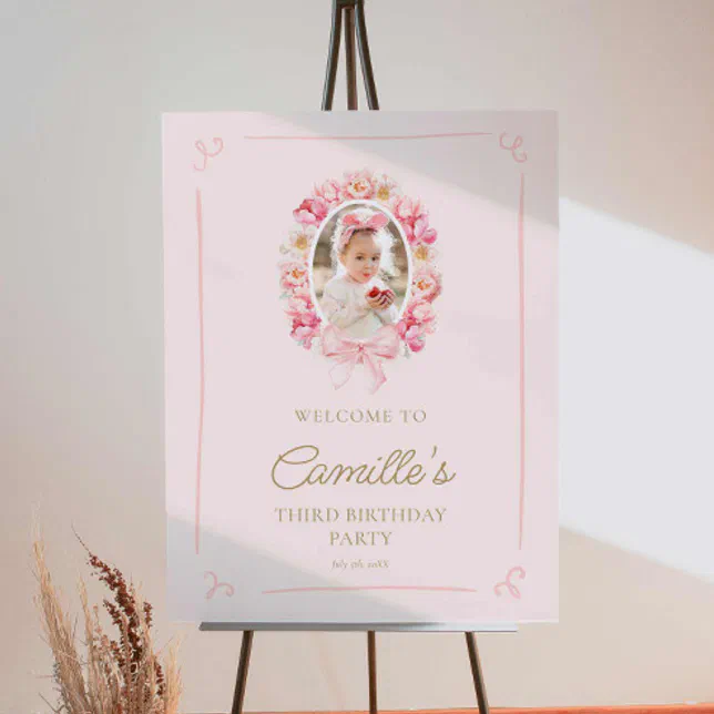 Photo Pink Floral Birthday Elegant Welcome Sign | Zazzle