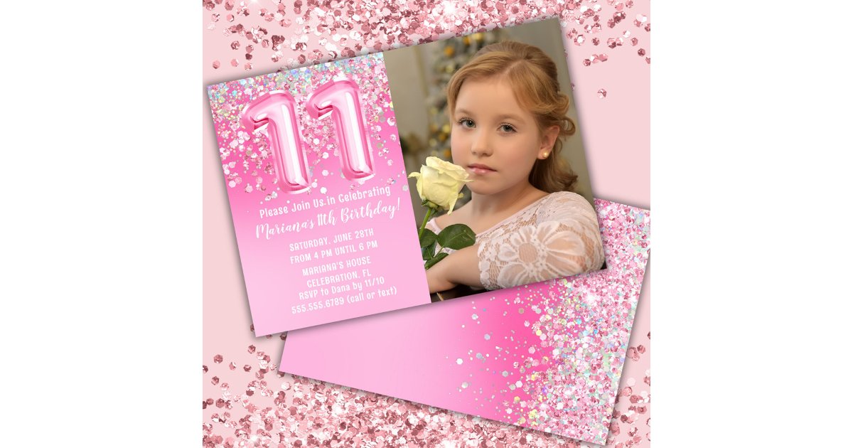 Photo Pink Glitter 11th Birthday Invitation | Zazzle