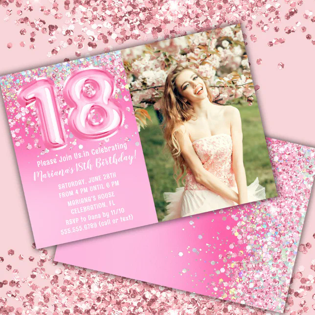 Photo Pink Glitter 18th Birthday Invitation | Zazzle