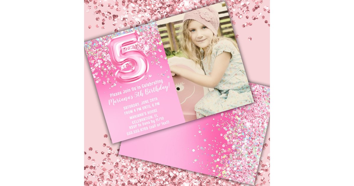 Photo Pink Glitter 5th Birthday Invitation | Zazzle