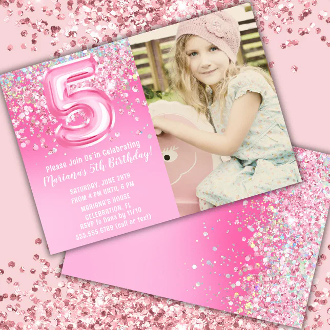 Photo Pink Glitter 5th Birthday Invitation | Zazzle