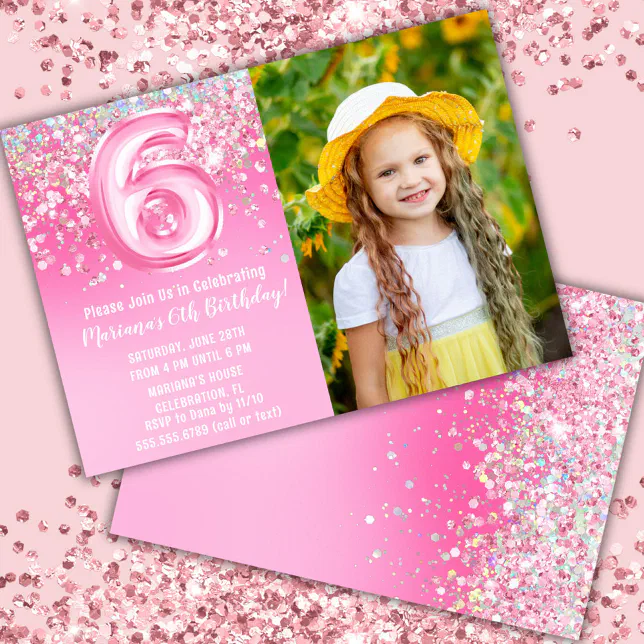 Photo Pink Glitter 6th Birthday Invitation | Zazzle