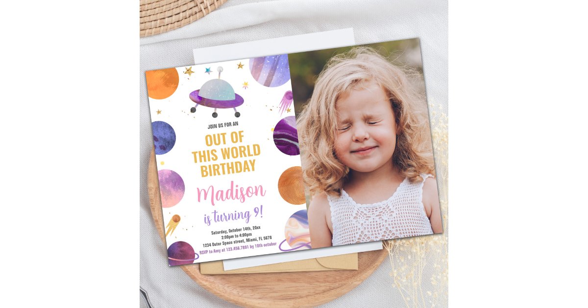 Photo Pink Outer Space Birthday Invitations | Zazzle