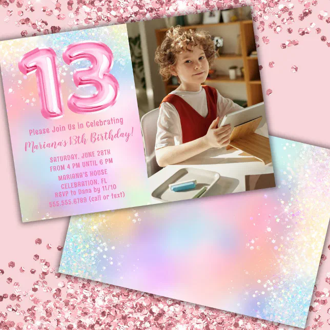 Photo Pink Rainbow 13th Birthday Invitation | Zazzle